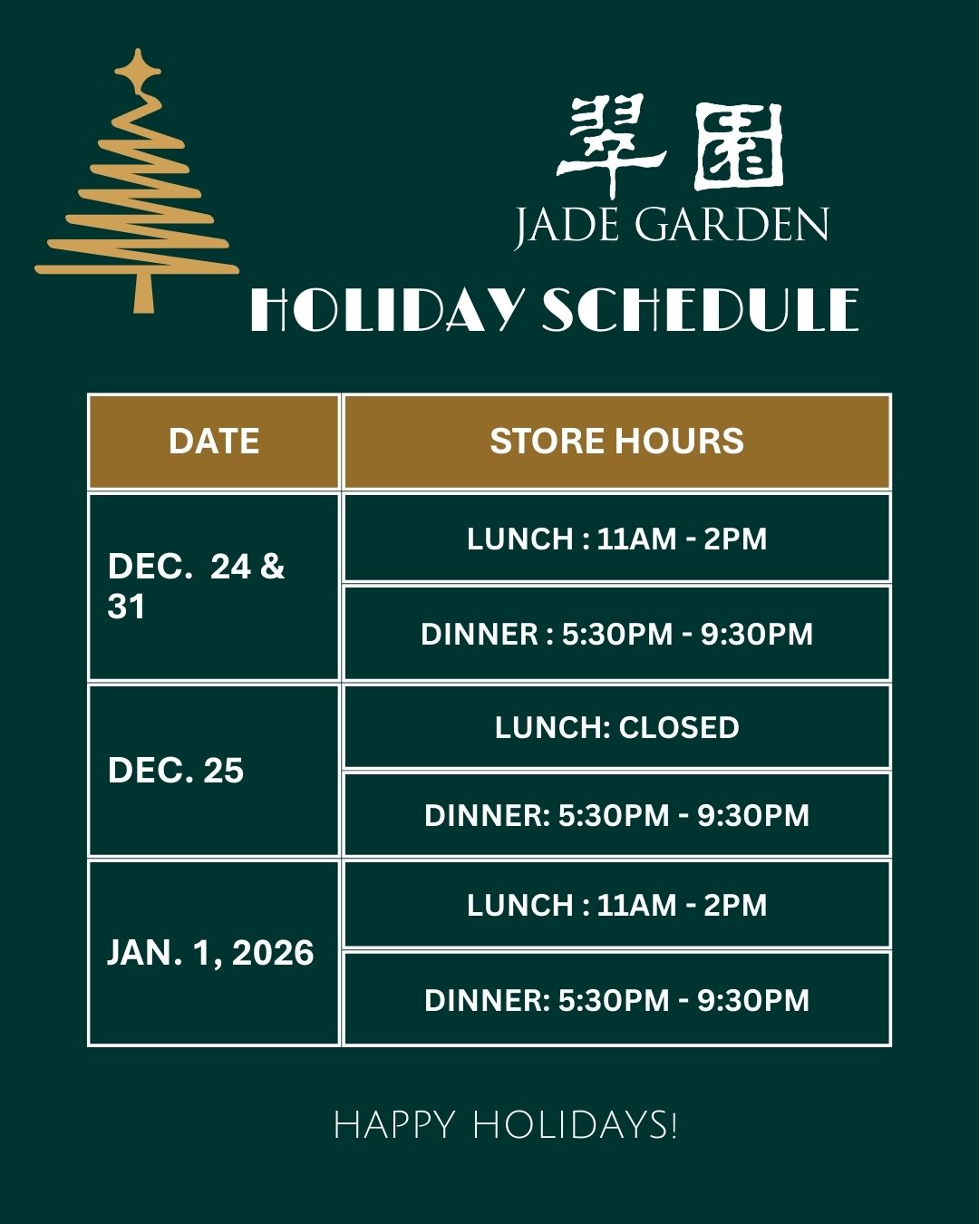 Jade Garden Holiday Schedule - Jade Garden